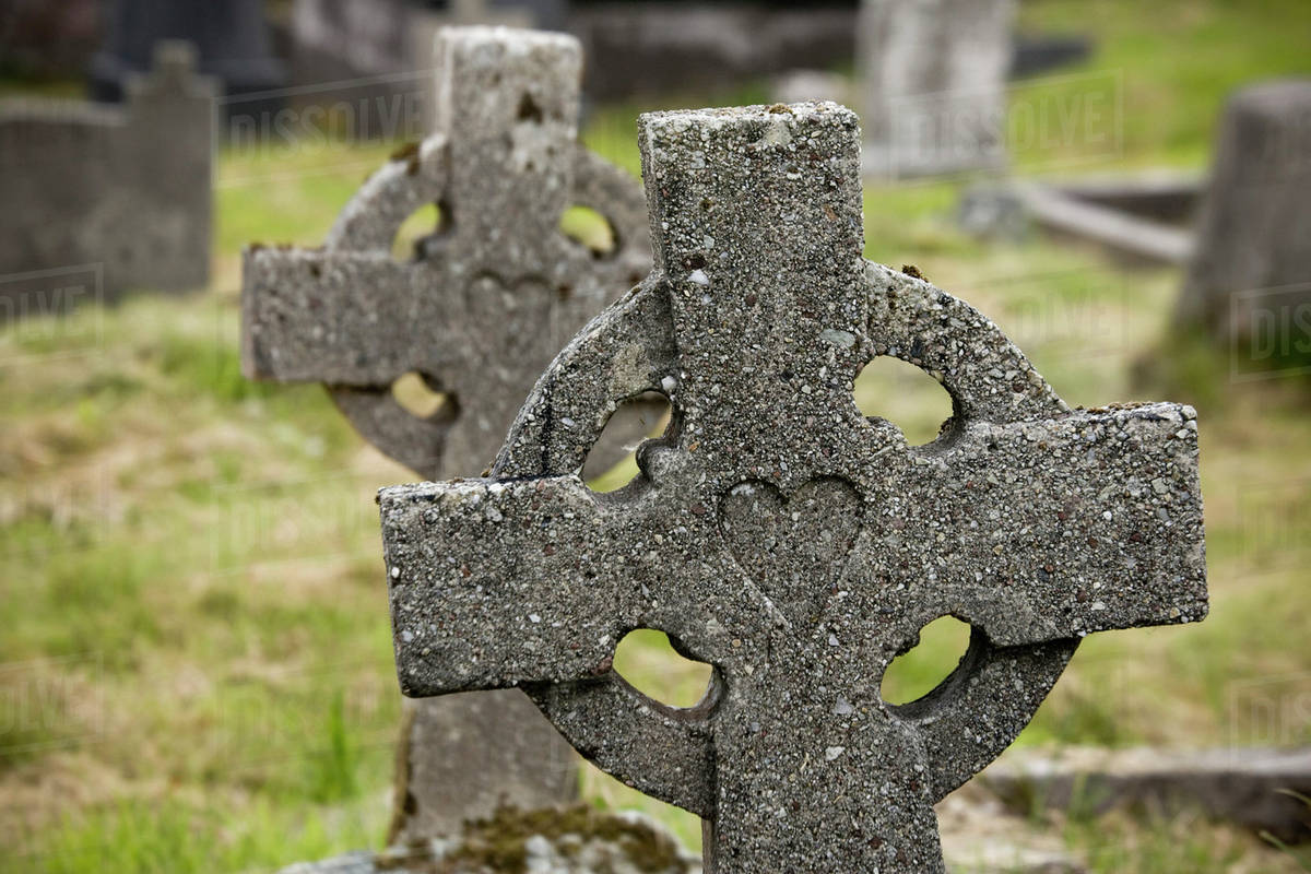 Ireland, County Mayo, Achill Island. Celtic gravestone crosses with ...