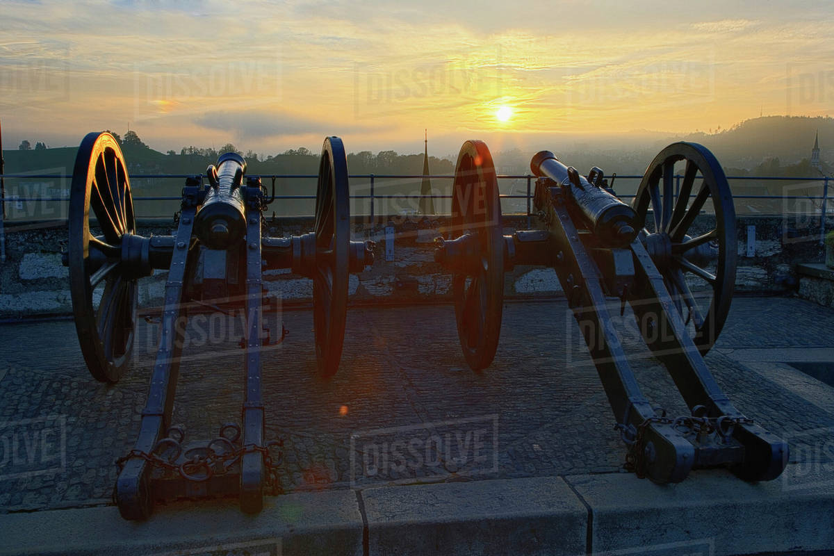 Cannons facing west at sunset, from Munot Castle, Schaffhausen ...
