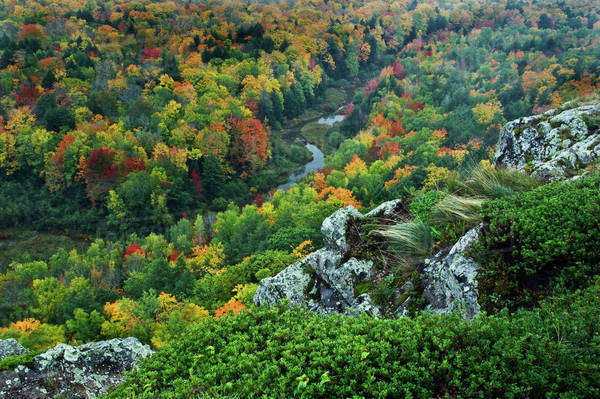 USA, Michigan, Upper Peninsula. Overlook of river in fall. - Royalty ...