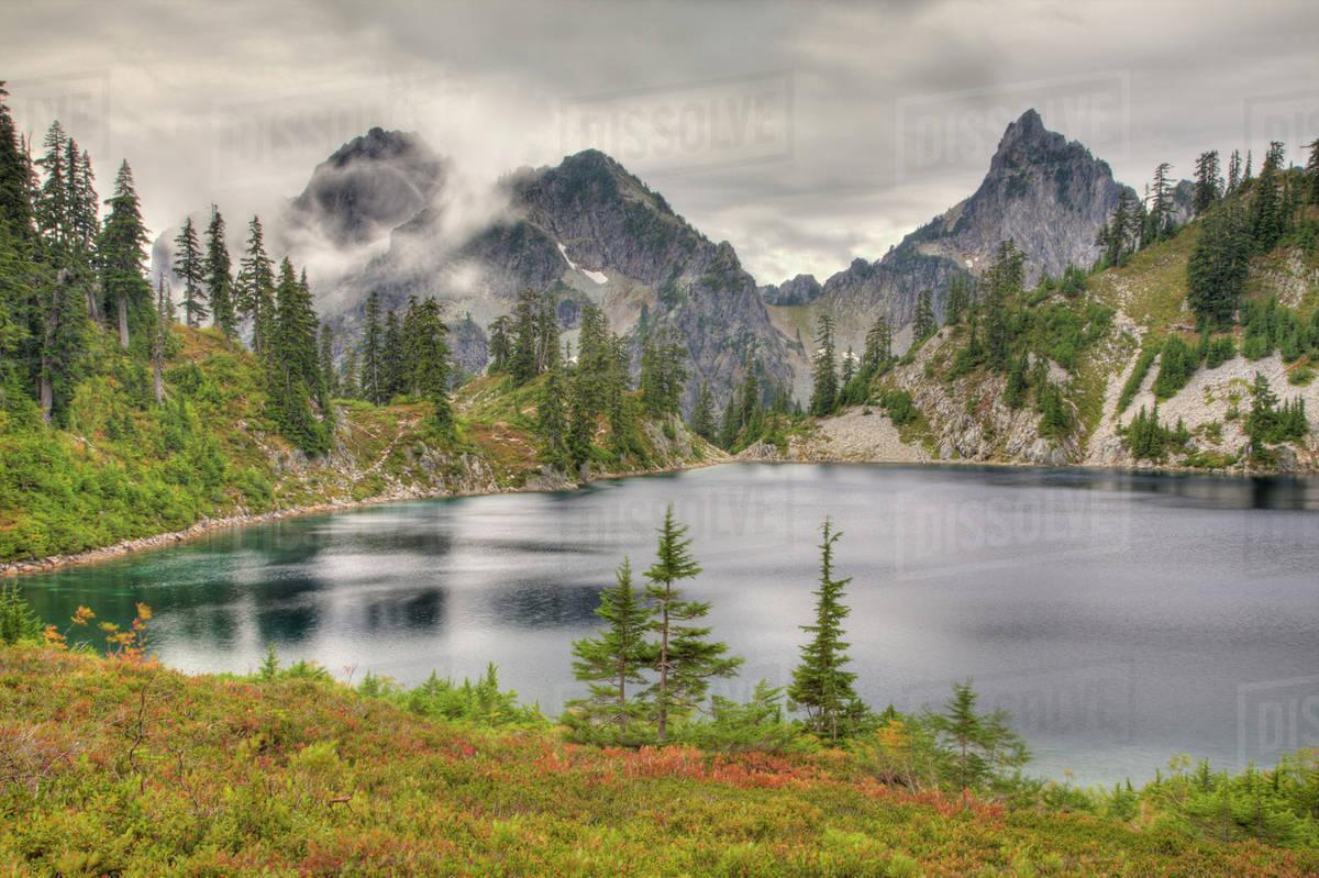 WA, Alpine Lakes Wilderness, Gem Lake, with Chair Peak and Kaleetan ...