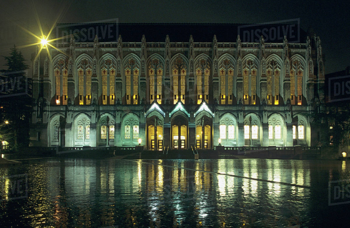WA, Seattle, Suzzallo Library with lights reflected in Red Square at ...