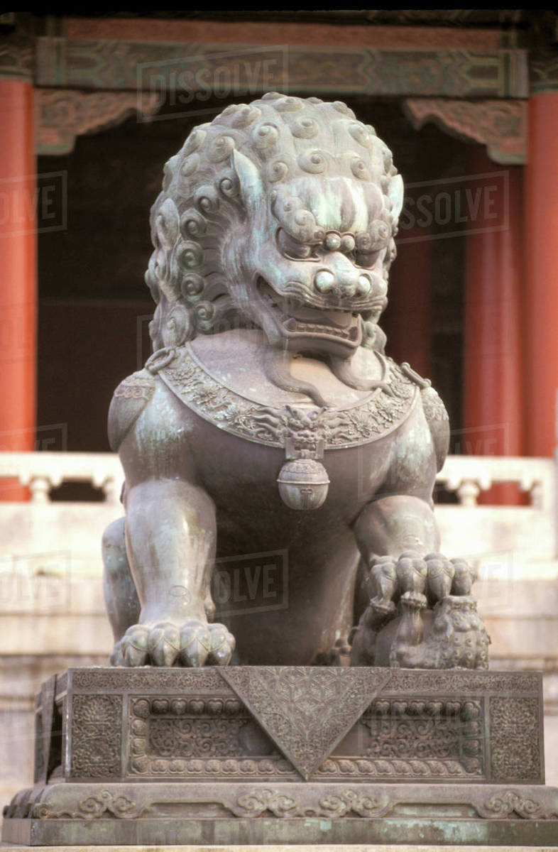 Asia, China, Beijing, Forbidden City. Bronze female lion statue ...
