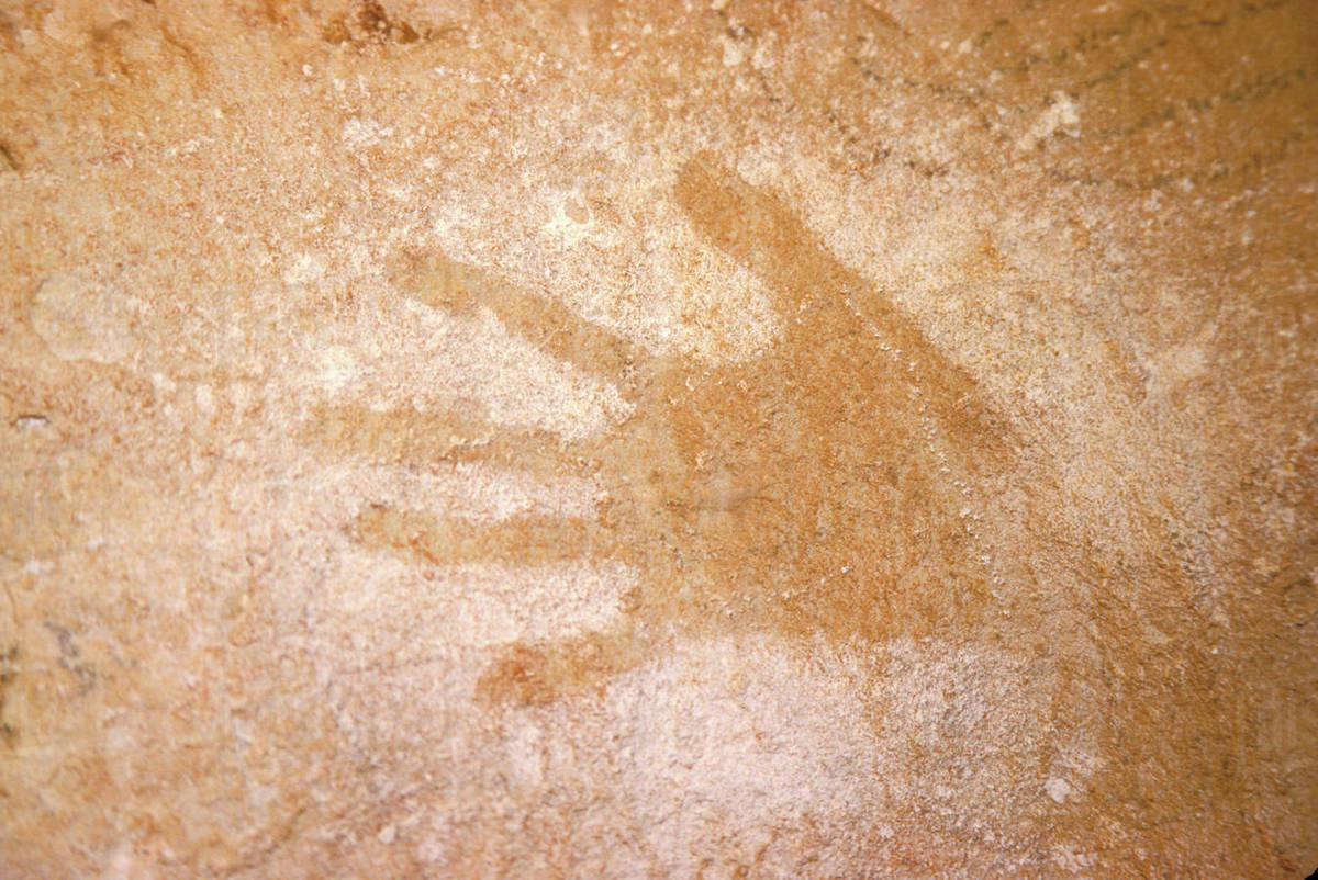 Australia, the Kimberley, Raft Point. Handprint, aboriginal paintings ...
