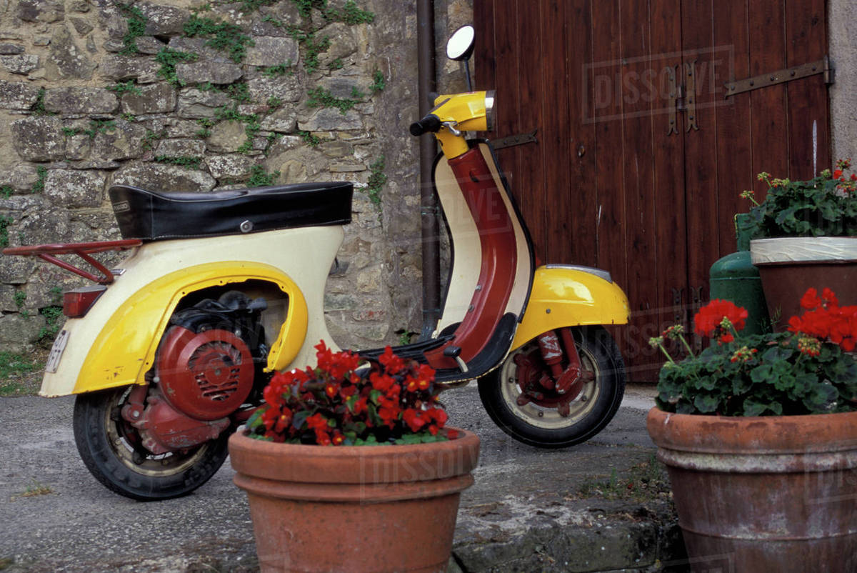 Europe, Italy, Umbria, Preggio, scooter - Stock Photo - Dissolve