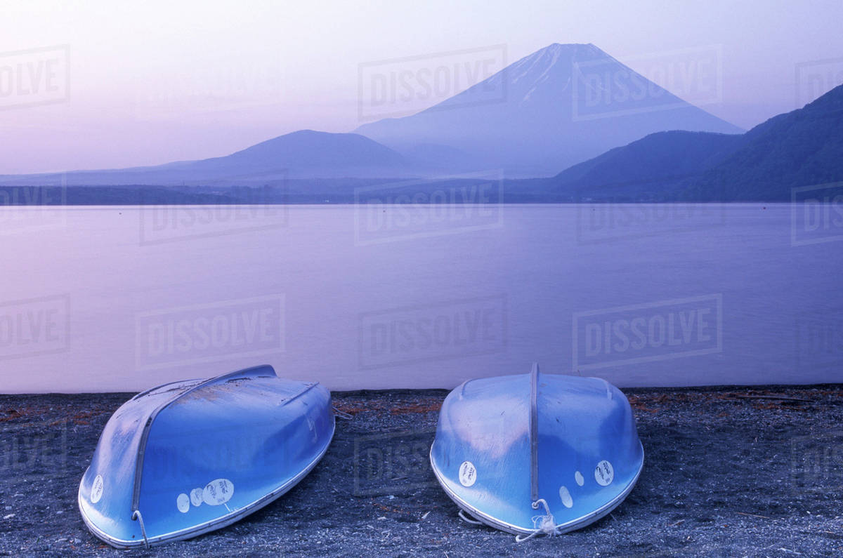 Asia, Japan, Yamanashi, Rowboats on Motosu Lake with Mt. Fuji in the ...