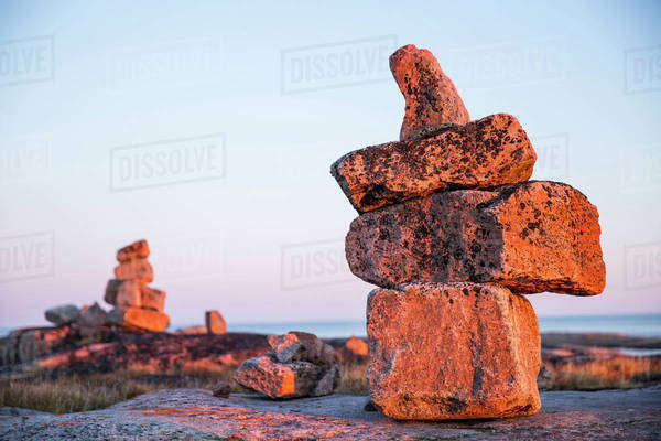 Canada, Nunavut, Territory, Rocks cairns on Harbour Islands along ...