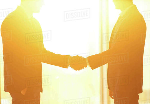 The two businessmen handshake on the bright sun background - Stock ...
