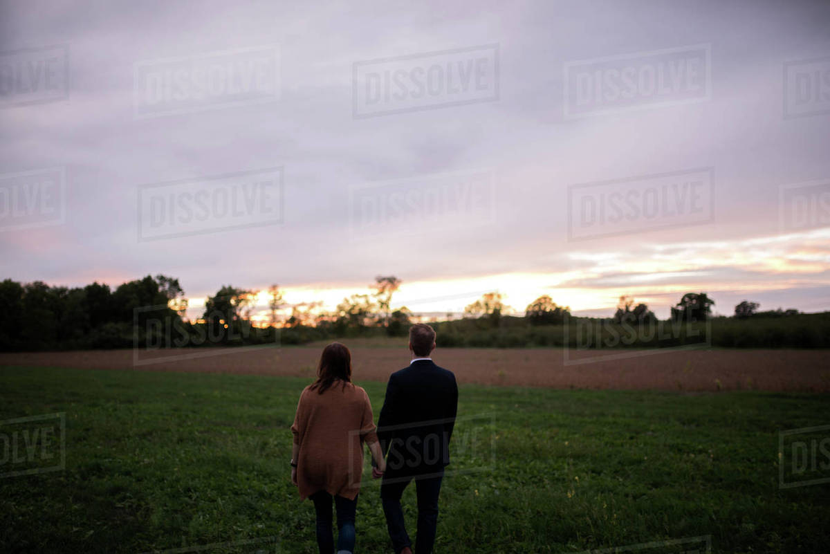 Rear view of romantic couple in field watching sunset - Royalty-free ...