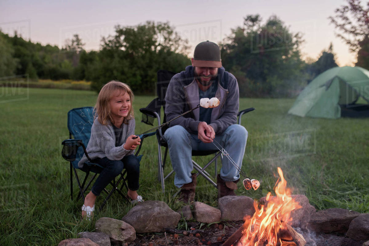 Father and daughter sitting beside campfire, toasting marshmallows over ...