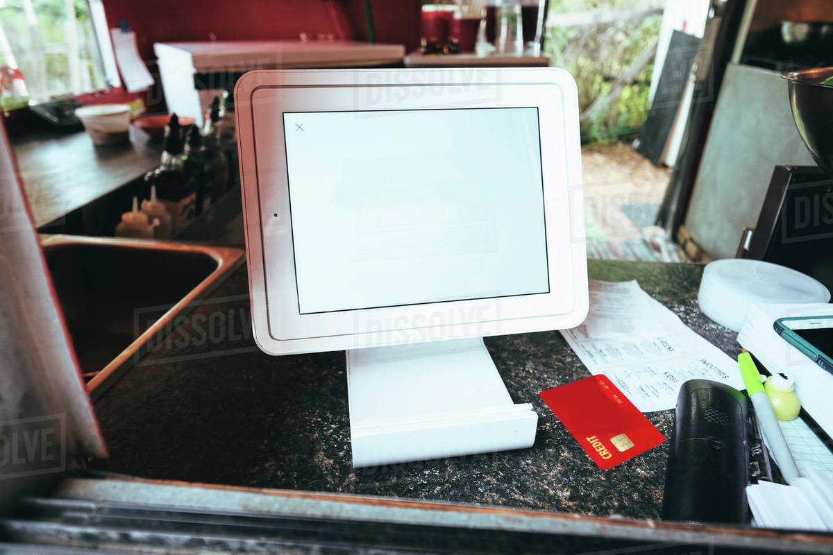 Digital screen for food orders and payment at eatery - Stock Photo ...