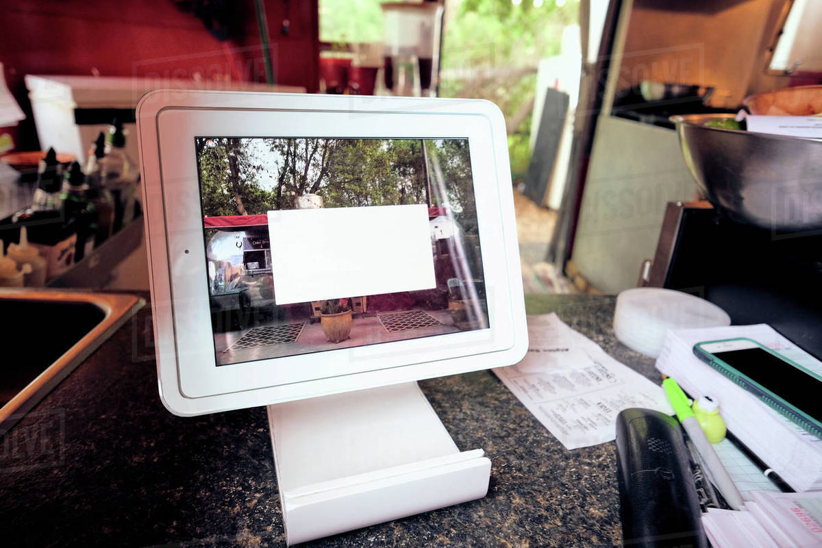 Digital screen for food orders and payment at eatery - Stock Photo ...