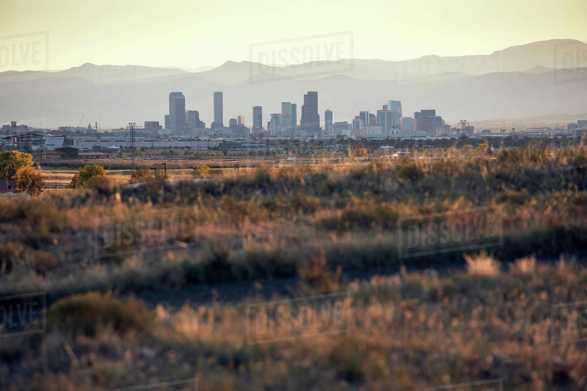 Landscape, skyline of skyscrapers in background, Denver, Colorado, USA ...