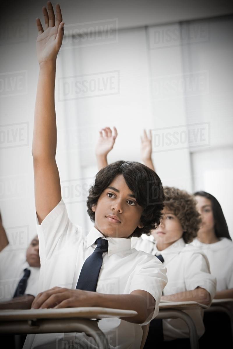 School students with hands raised - Stock Photo - Dissolve