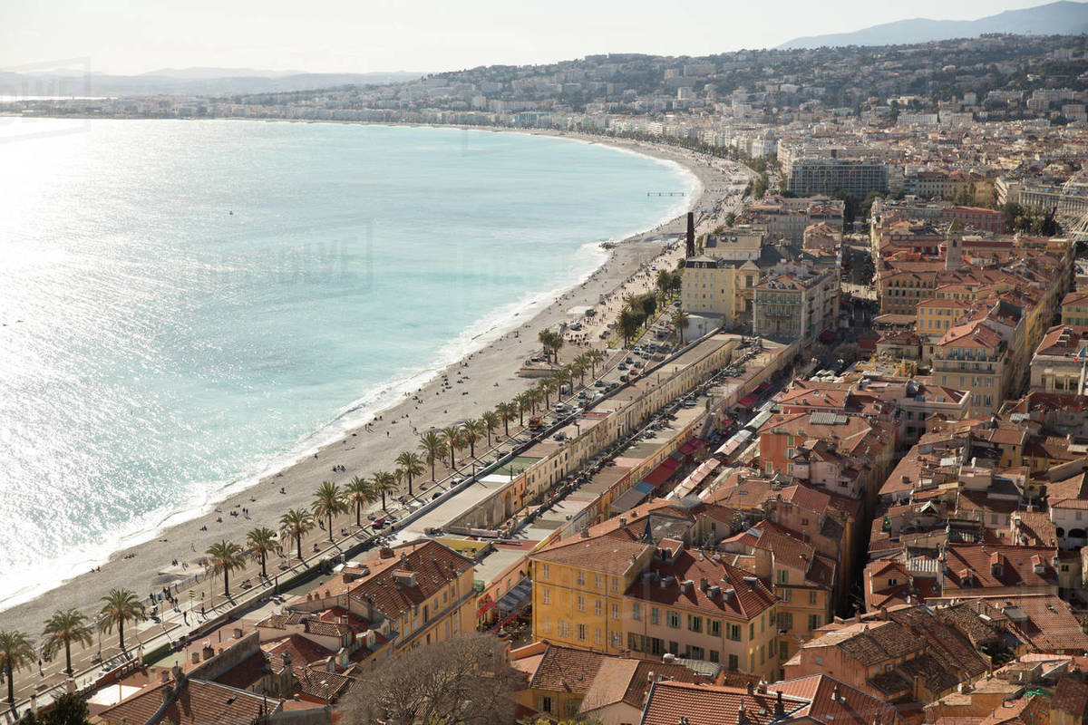 Elevated view of beach and seafront, Nice, France - Royalty-free Stock ...