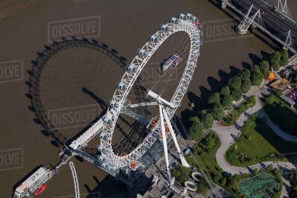 UK, London, Southbank, High angle view of London Eye and river Thames ...