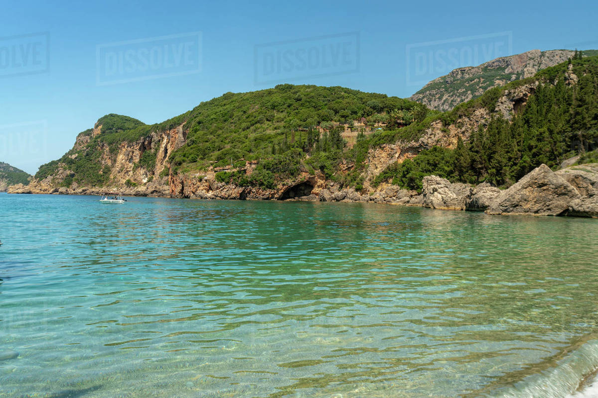 Greece, Corfu island, Sea and hills near Liapades Beach - Royalty-free ...