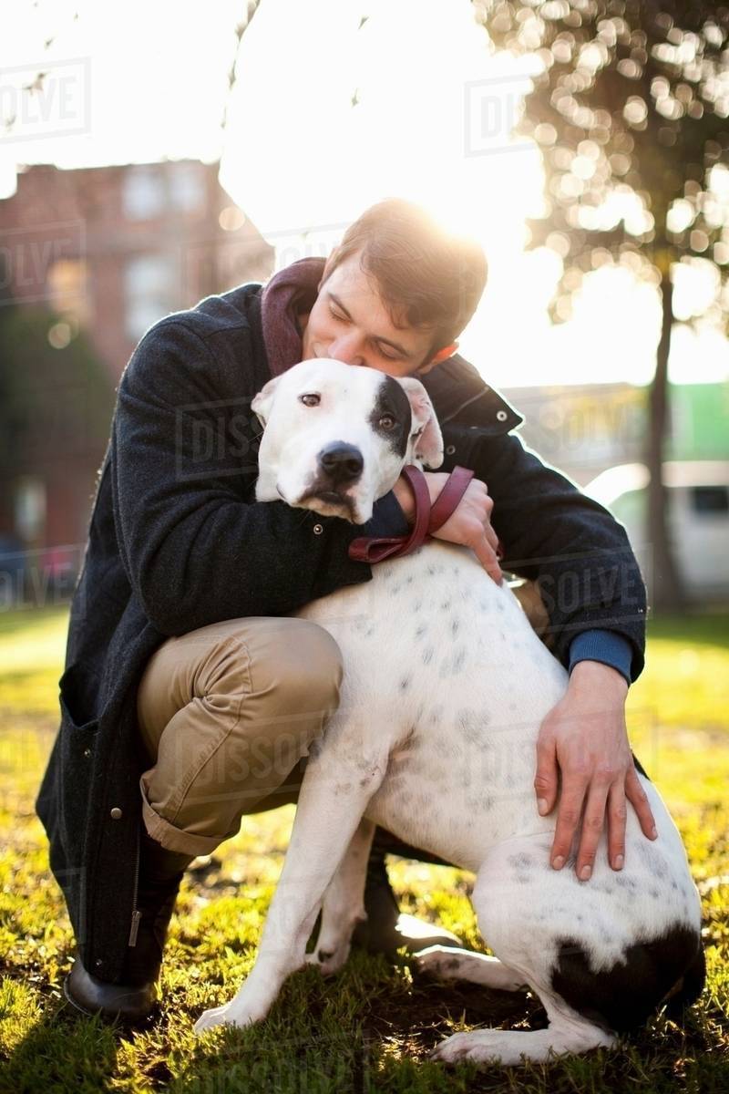 Man hugging dog in park - Stock Photo - Dissolve