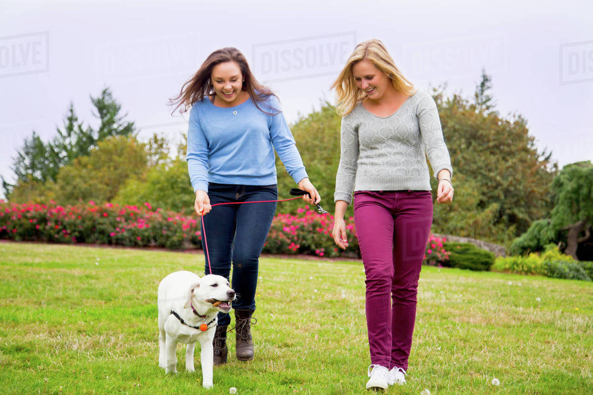 Two young women walking dog in park - Royalty-free Stock Photo | Dissolve