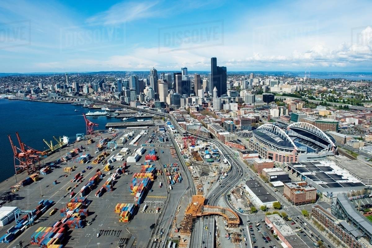 Aerial view of shipping harbour, Seattle, Washington State, USA ...