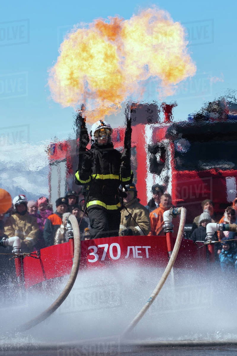 KAMCHATKA PENINSULA, RUSSIA - APR 27, 2019: Rescue firefighter Emercom ...