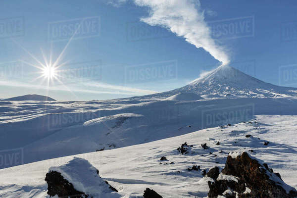 Beautiful volcanic landscape of Kamchatka: winter view of eruption ...