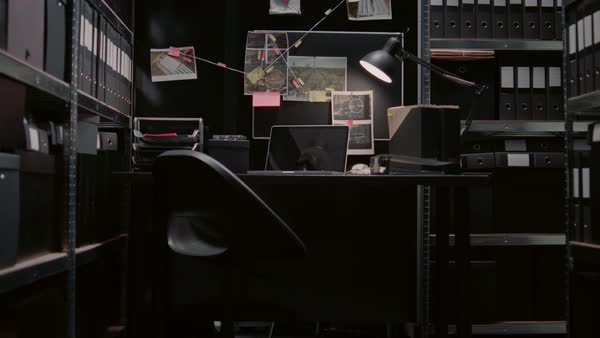 Empty evidence room equipped with detective map and clues on wall board ...