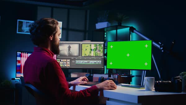 Video editor using editing software on green screen monitor to upgrade ...