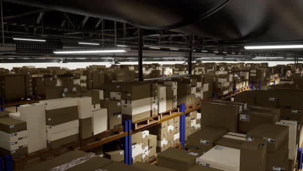 Industrial depot housing multiple containers labeled with invoice bills ...