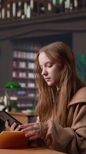 Vertical Video Noisy girl disturbing pupils at the library by speaking ...