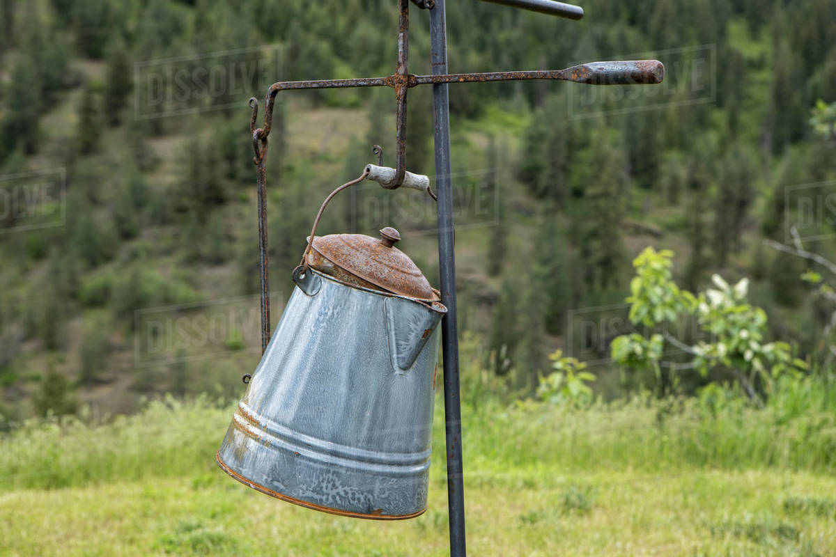 An old fashioned campfire pot as a display near Coeur d'Alene, Idaho ...
