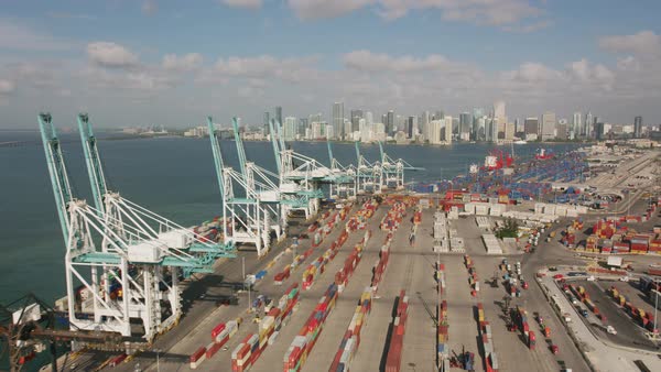 Miami, Florida circa-2019. Port of Miami, daytime aerial view. Shot ...