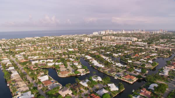Miami, Florida circa-2019. Daytime aerial view of Miami Beach. Shot ...