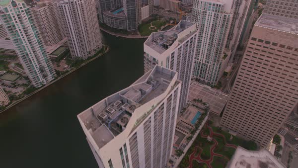Miami, Florida circa-2019. Aerial view of Miami at sunset. Shot from ...