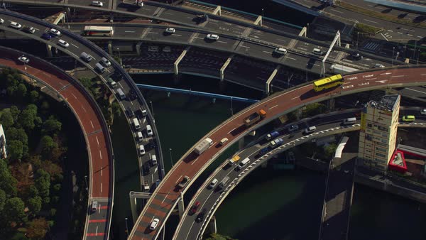 Tokyo, Japan circa-2018. Overhead view of freeway intersection in Tokyo ...