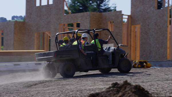Construction workers driving utility vehicle to job site - 4K Royalty ...