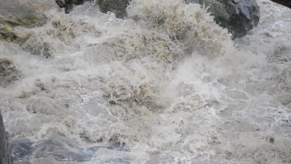 Mandakini river water during flood in Kedarnath valley in India. The ...