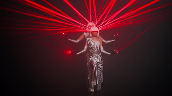 Wide shot two women with red laser beam from eyeglasses standing on ...
