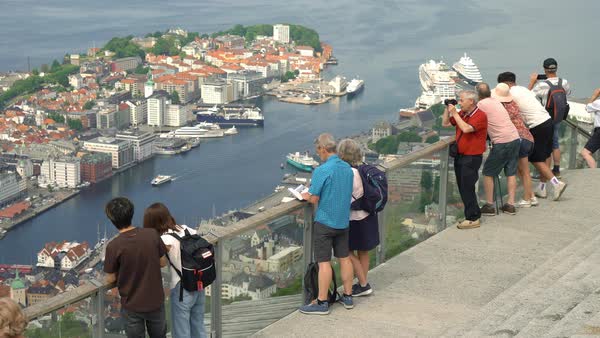 Bergen, Norway - Many tourists on the observation deck at the top of ...