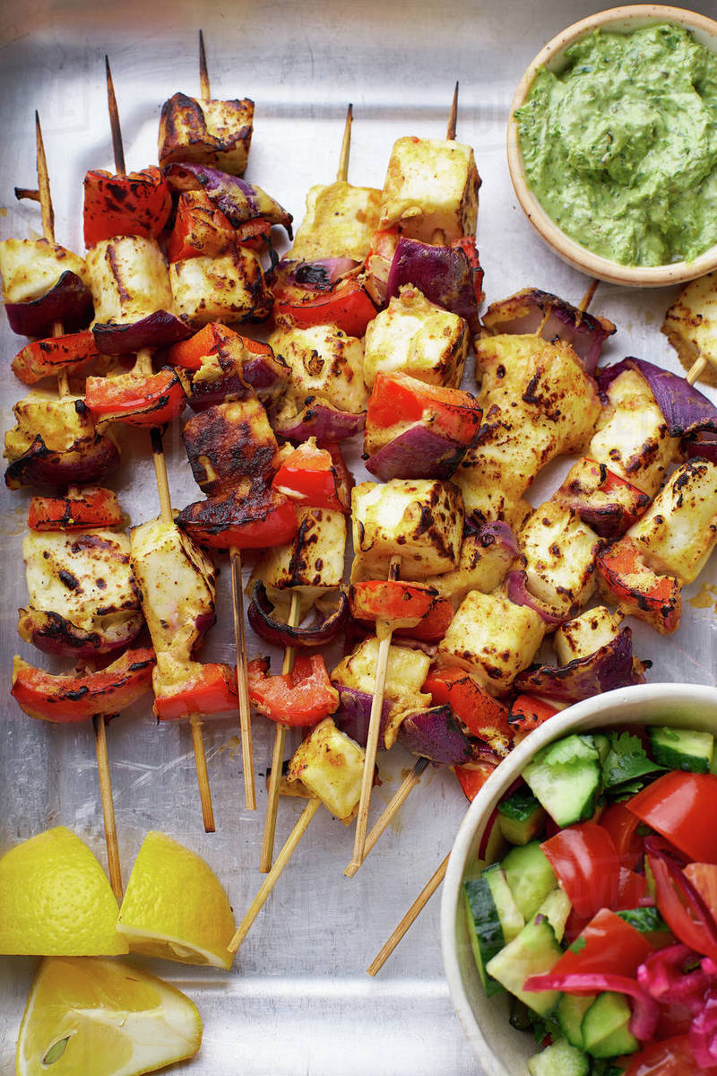 Paneer tikka starter kebabs with mint chutney and chapati. Traditional ...