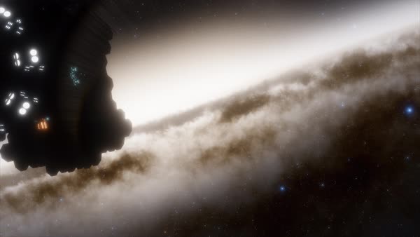 Spaceship flies through a galaxy in space. Billions of stars in the ...