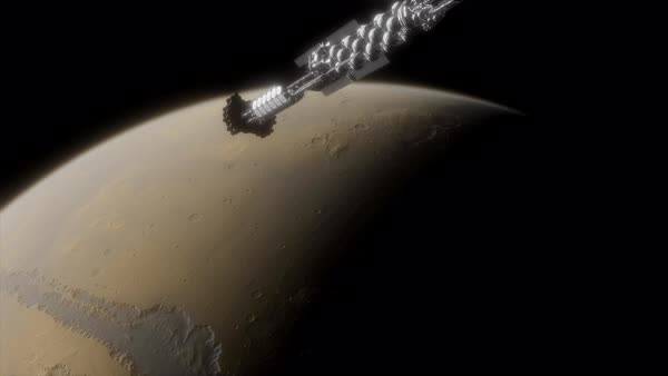 Planet Mars in deep space. Spacecraft in orbit of Mars. Cinematic 3d ...