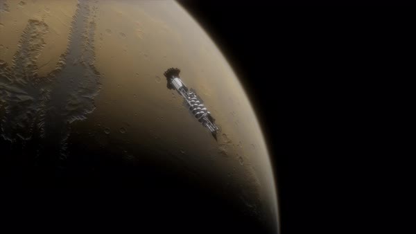 Planet Mars in deep space. Spacecraft in orbit of Mars. Cinematic 3d ...