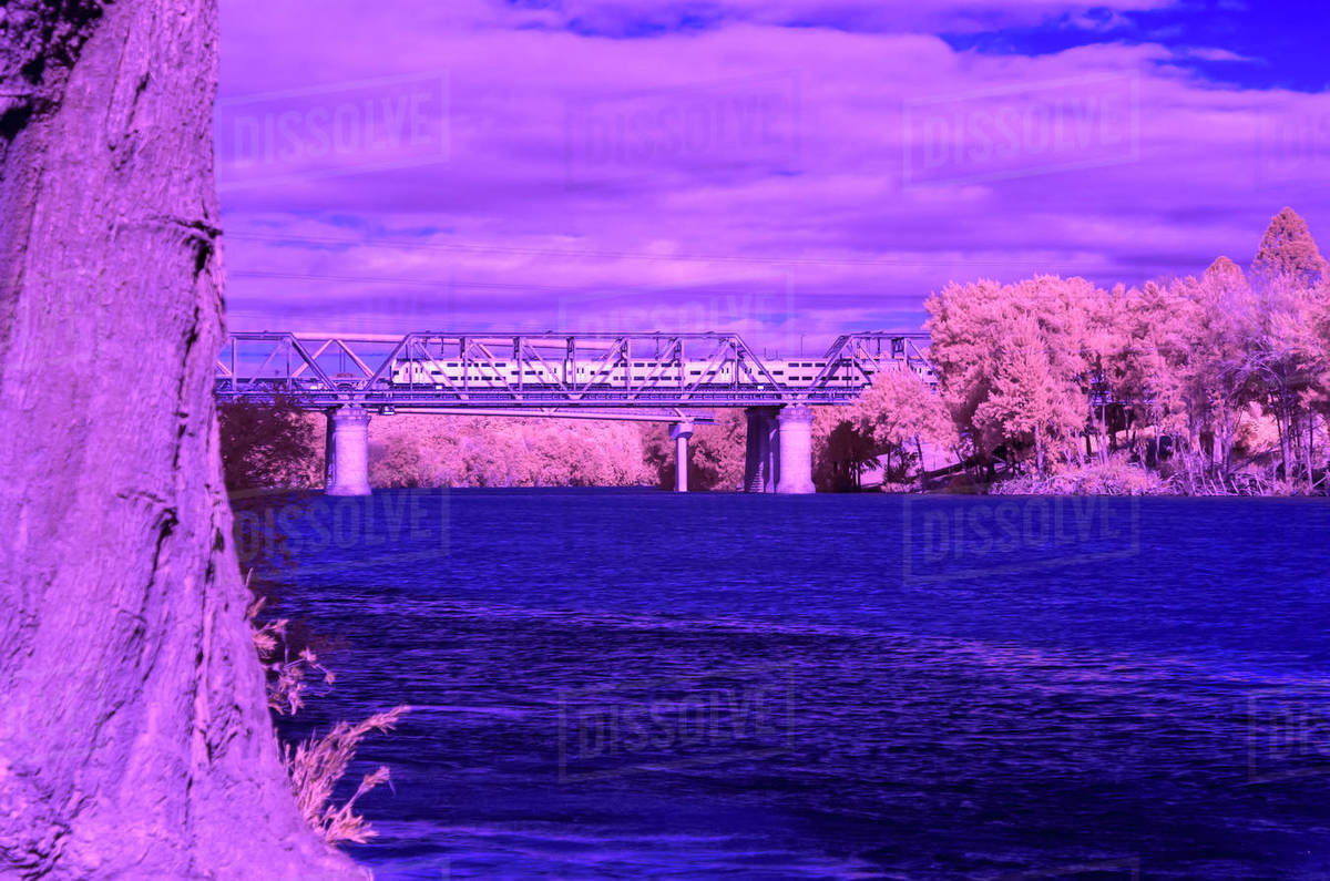 Infrared photograph of a commuter train on the Victoria Bridge crossing ...