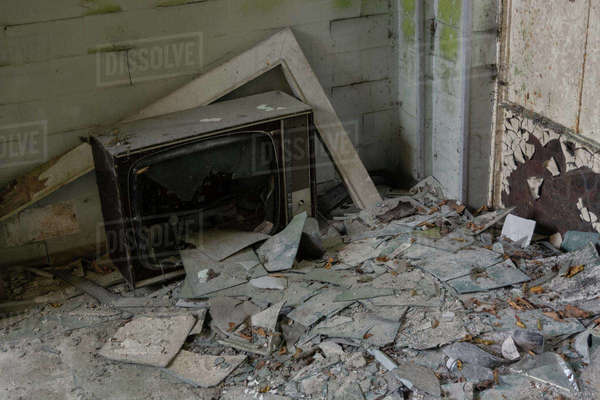 Destroyed television in abandoned house room in the woods - Royalty ...