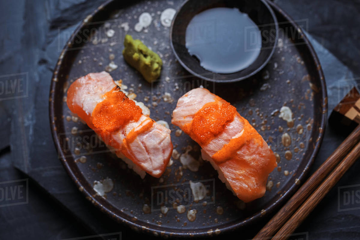 Burned salmon sushi with soy sauce and wasabi - Royalty-free Stock ...