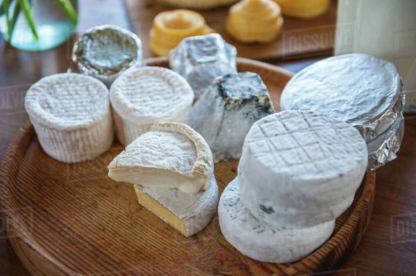 Set of different cheese: camembert, croton, mozzarella, smoked ...