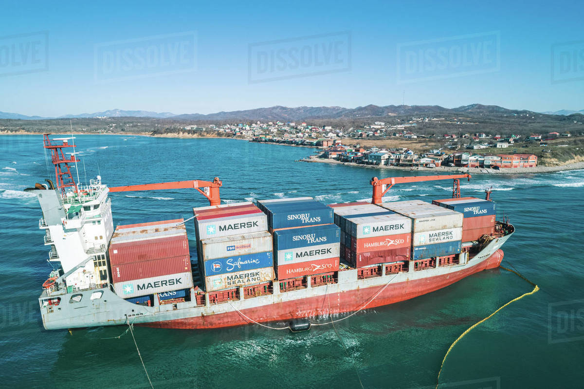 Aerial view of a RISE SHINE container cargo ship stands aground after a ...