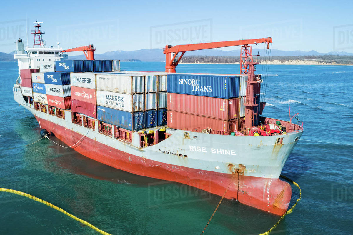 Aerial view of a RISE SHINE container cargo ship stands aground after a ...