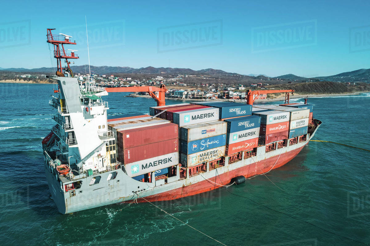 Aerial view of a RISE SHINE container cargo ship stands aground after a ...