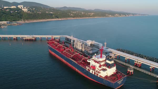 Tuapse, Russia : Aerial view of a tanker is loading in oil berth ...